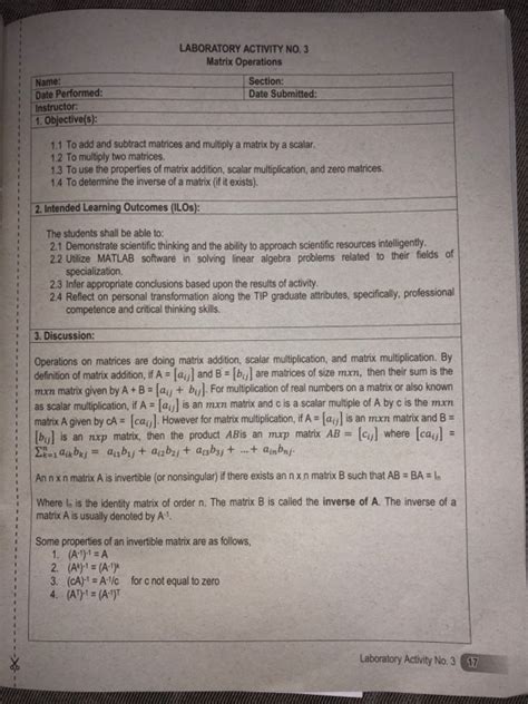 LABORATORY ACTIVITY NO Matrix Operations Section Chegg Com