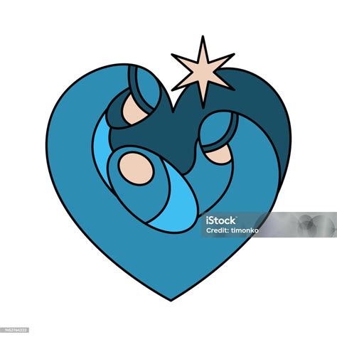 벡터 컬러 크리스마스 기독교 종교 탄생 마리아 요셉 심장의 형태로 별과 함께 예수 아기 장면 로고 아이콘 스케치입니다 손으로 그린 낙서 그림 성탄화에 대한 스톡 벡터 아트
