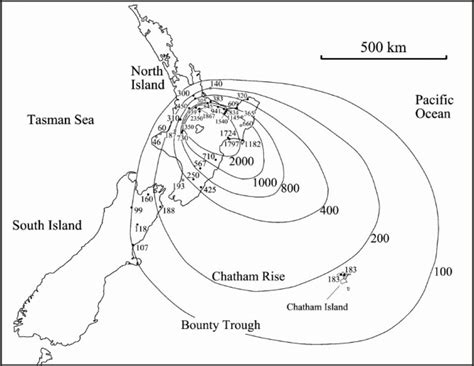 Reconstructed Isopach Map For The Total Oruanui Fall Deposits