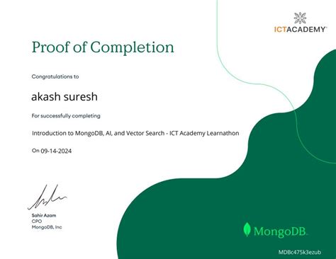 I Am Excited To Have Completed The Introduction To Mongodb Ai And Vector Search Course