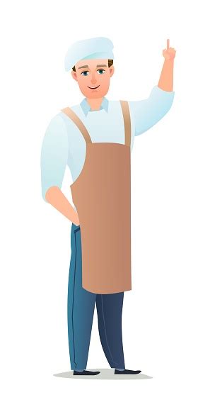 바지에 남성 요리사 앞치마에 부엌에서 남자 쾌활한 사람 스탠딩 포즈 만화 만화 스타일의 평면 디자인 단일 문자입니다 흰색 배경에
