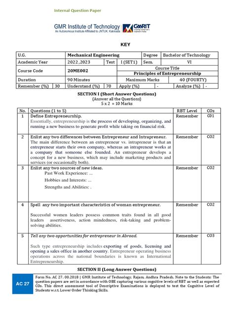 3rd Btech 2022 23 Mech Poe Ses K1 Pdf Entrepreneurship Brainstorming