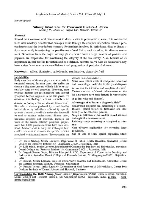 Pdf Salivary Biomarkers For Periodontal Diseases A Review Renuka