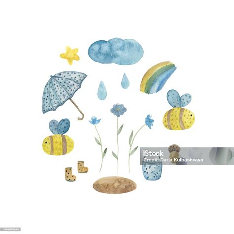 손으로 그린 비 테마의 수채화 세트 파란 우산 꿀벌 꽃 별 구름 빗방울 무지개 고무 장화 버섯 및 양동이 비오는 날 재미있는 비 10월에 대한 스톡 벡터 아트 및 기타