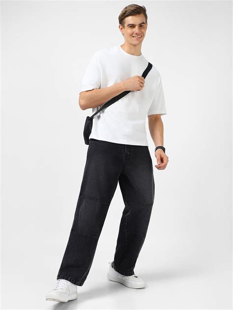 Shop Mens Black Loose Baggy Fit Panelled Jeans Urbano Fashion
