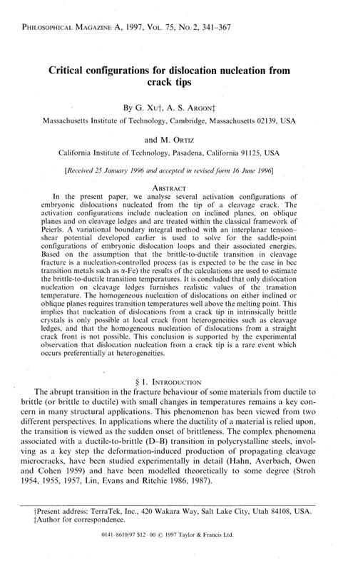 Pdf Critical Configurations For Dislocation Nucleation From Crack Tips