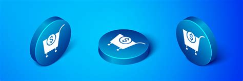 파란색 배경에 격리 된 등소 성 쇼핑 카트와 달러 기호 아이콘 온라인 구매 개념 배달 서비스 슈퍼마켓 바구니 파란색 원 버튼입니다 벡터 3차원 형태에 대한 스톡 벡터 아트