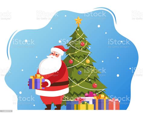 그의 손에 선물과 그의 뒤에 크리스마스 트리를 장식 귀여운 산타 클로스 캐릭터 메리 크리스마스와 새해 복 많이 받으세요 카드 배너 벡터 일러스트레이션 12월에 대한 스톡