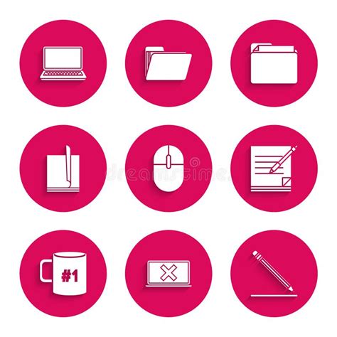 Set Computer Mouse Laptop And Cross Mark On Screen Pencil With Eraser Line Blank Notebook Pen