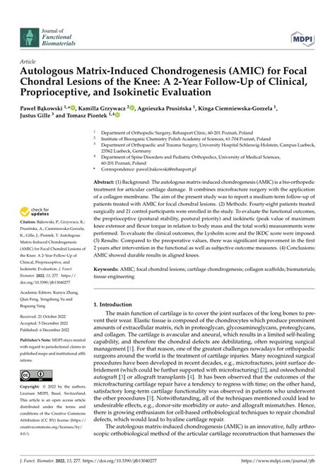 PDF Autologous Matrix Induced Chondrogenesis AMIC For Focal