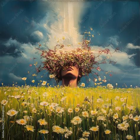 Surreal Illustration Of A Human Head Sprouting Flowers And Plants