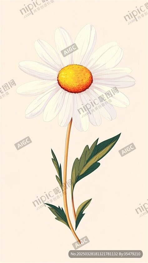 Ai创作图雏菊 花朵 插画 植物 花卉 叶子 手绘 白花瓣 黄花蕊 清新 简约 自然 柔美 淡雅 文艺 昵图网