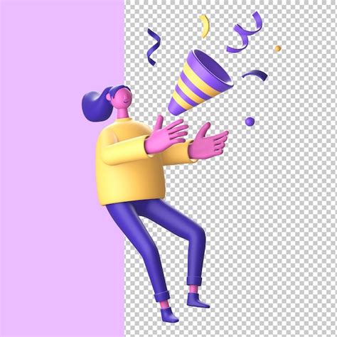Premium Psd 3d Character With Confetti Party Popper For Ui Ux Web
