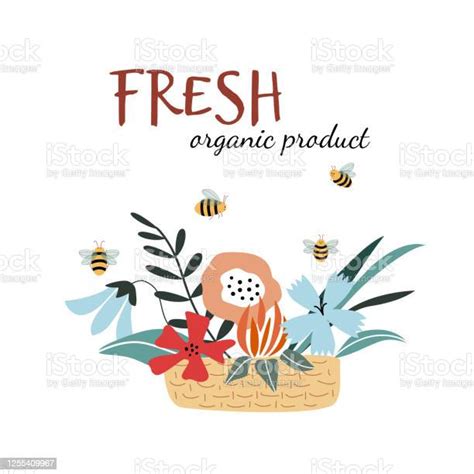 꿀 제품 신선한 유기농 제품 텍스트용 엽서 꽃 위에 날아다니는 꿀벌 디자인 전단지 스티커 배너 배경에 유용합니다 손으로 그린 벡터 그림 배경에 격리됩니다 Fragrance