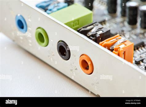 Multi Colored Analog Sound Card Outputs And Inputs Close Up Selective Focus Stock Photo Alamy