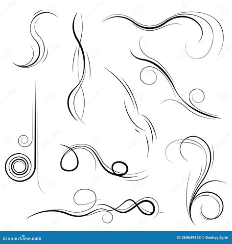 Big Set Black Collection Simple Line Winds Gust Squall Curl Doodle Outline Nature Element Vector