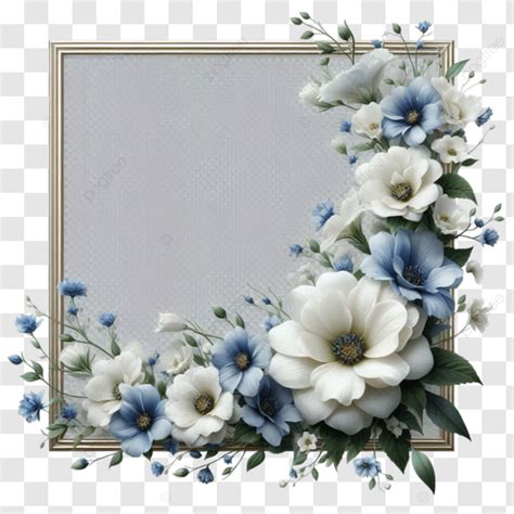 투명한 배경에 대해 절묘한 8k로 표현된 다양한 꽃으로 구성된 원형 흰색과 파란색 꽃을 특징으로 하는 프레임의 놀라운 3d 렌더링 흰색과 파란색 꽃의 원을 특징으로 하는