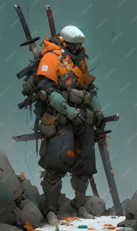 Premium Ai Image A Robot Ranger Radiooperator Ninja With Many Swords