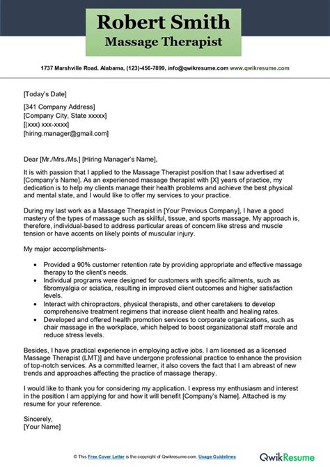 Massage Therapist Cover Letter Examples Qwikresume