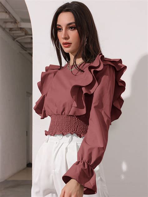 Solid Shirred Layered Ruffle Blouse Ruffle Tops Outfit Fashion Tops Blouse Chic Outfits