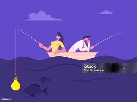 로드와 함께 보트에 앉아 물고기를 잡는 사업가 후크에 미끼 대신 빛나는 전구를 가진 비즈니스 여성 남자는 더 미끼가 없다 전구에