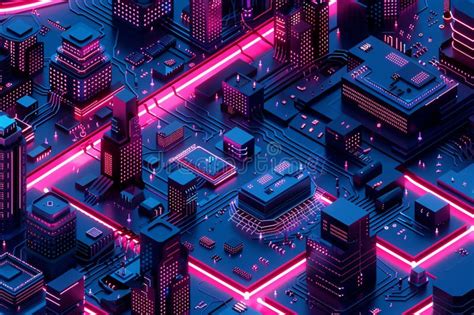 Isometric Scifi Circuit Board With Glowing Pink Lights And
