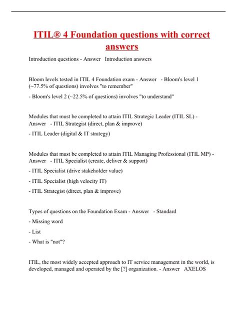 Itil® 4 Foundation Questions With Correct Answers Itil It Infrastructure Library Certified