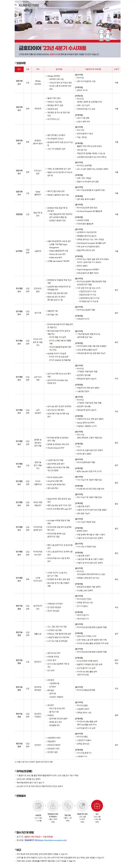 금호타이어 채용공고 23년 4분기 수시채용 2023년 채용