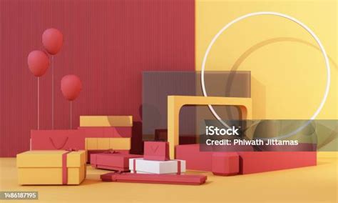 3d 렌더링 사실적인 프리미티브 구성 배경에서 움직이는 기하학적 모양 트렌디한 디자인을 위한 추상적인 테마 구체 토러스 튜브 노란색 빨간색 및 회색 톤 전시회에 대한 스톡