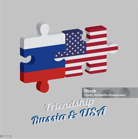 텍스트와 러시아 국기와 미국 국기의 직소 퍼즐 3d 우정 러시아는 미국 친절의 개념입니다 3차원 형태에 대한 스톡 벡터 아트 및 기타 이미지 Istock