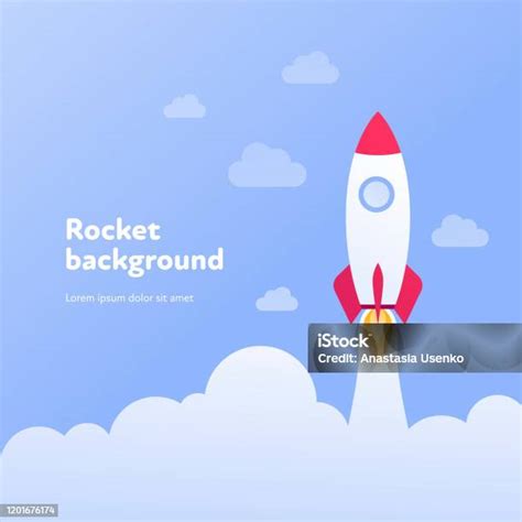 벡터 플랫 로켓 배너 템플릿 그림입니다 파란색 구름 하늘 배경에 흰색과 빨간색 비행 우주선 과학 기술 개념 포스터 웹 인포그래픽 프리젠 테이션을위한 디자인 요소 Launch