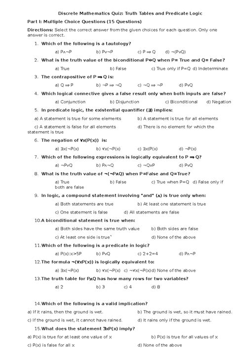 Discrete Mathematics Quiz Only One Answer Is Correct Which Of The Following Is A Tautology A