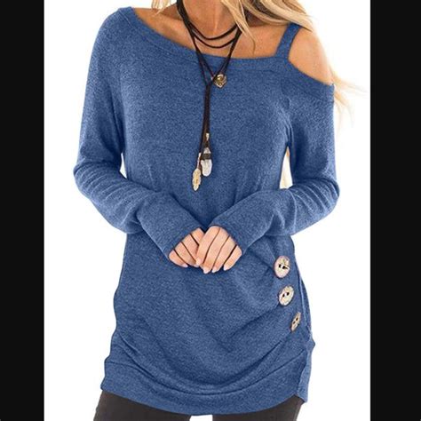 Tops Blue Asymmetric Cold Shoulder Shirt Poshmark