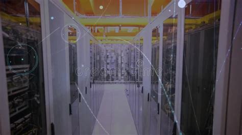 animation of connected dots and lens flares over data server racks in