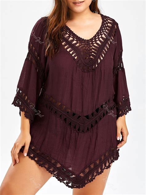 2018 Plus Size Crochet Openwork Cover Up In Wine Red One Size