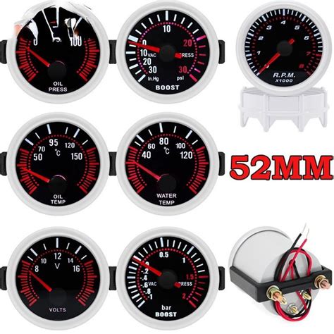 52mm Smoke Len Pointer Boost Gauge 1~0~2 Bar Turbo Boost Meter White