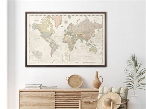 World Push Pin Travel Map Poster Or Pin Board Beige Pastel T