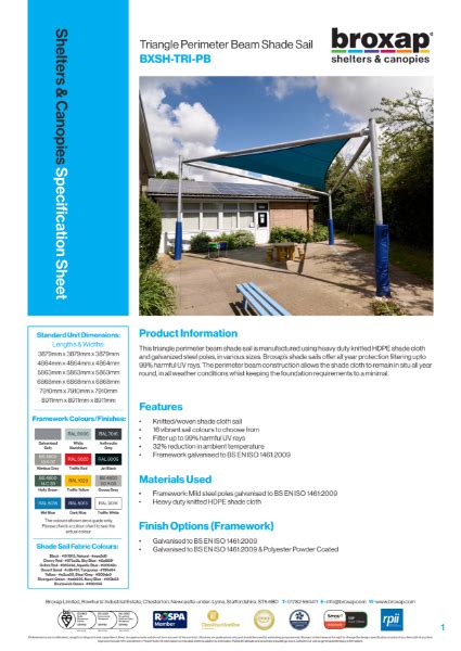 Perimeter Beam Shade Sail Canopy Triangle Specification Sheet Broxap Street Furniture NBS