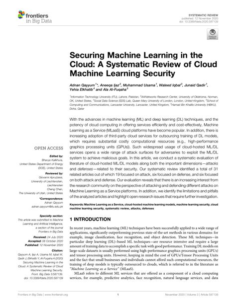 PDF Securing Machine Learning In The Cloud A Systematic Review Of Cloud Machine Learning Security
