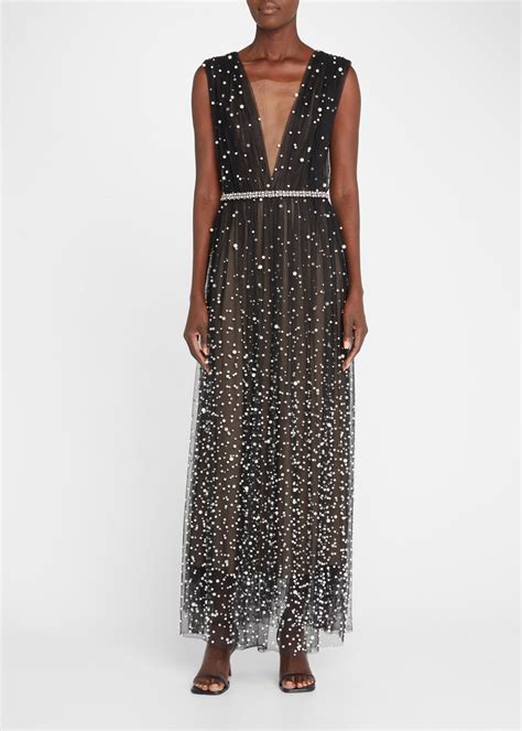 Marchesa Plunging Pearlescent Beaded Tulle Illusion Gown In Black Lyst