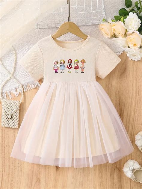 Lovely Cartoon Girl Print Short Sleeve Tutu Dress Girls Cute Comfy