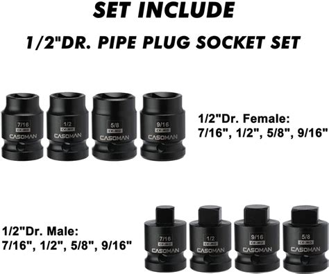 Casoman 8pcs 12 Inch Drive Pipe Plug Socket Setsaemalefemale Set7