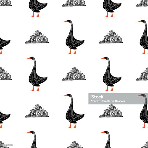 손으로 그린 매끄러운 거위 패턴 새겨진 벡터 일러스트 스타일입니다 당신의 디자인 작품에 대한 템플릿민속 패턴과 양식에 일치시키는 새직물 배너 엽서 어린이 책에 적합합니다