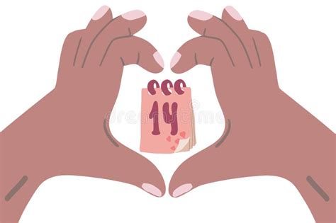 Dark Skin Hands With Calendar 14 February Flat Design Stock Vector