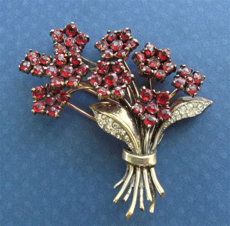 Antique Trifari Flower Bouquet Brooch Sterling Silver Vermeil Red