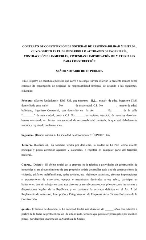 Contrato DE Constituci N DE CONTRATO DE CONSTITUCIÓN DE SOCIEDAD DE RESPONSABILIDAD MILITADA