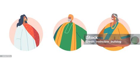 인도 사람들은 고립 된 둥근 아이콘 또는 아바타를 입는 전통적인 옷을 입습니다 젊은 미소 짓는 남성과 여성 캐릭터 개념에 대한 스톡 벡터 아트 및 기타 이미지 Istock