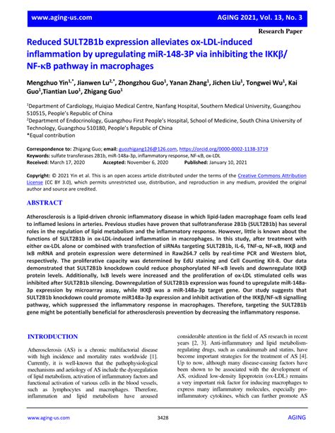 Pdf Reduced Sult2b1b Expression Alleviates Ox Ldl Induced