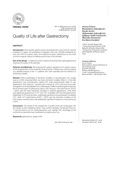 Pdf Quality Of Life After Gastrectomy