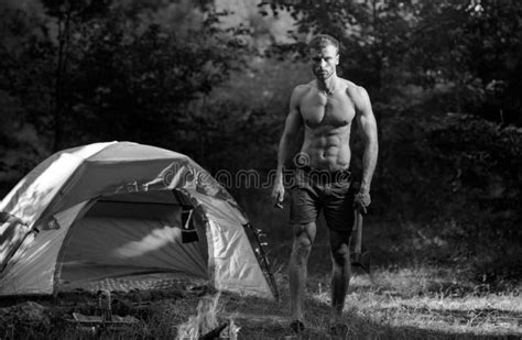 Handsome And Muscular Lumberjack Man With An Axe Camping Man With Axe